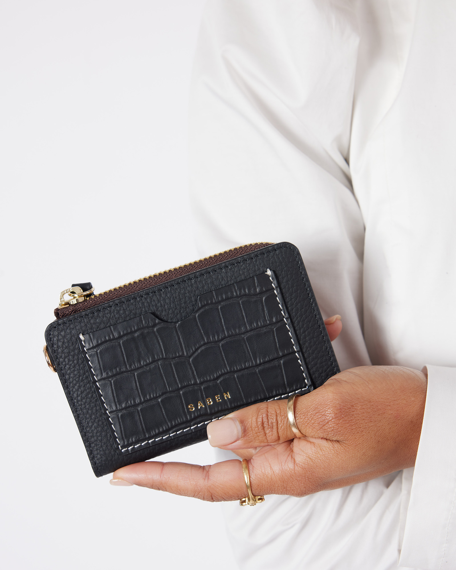 Saben Wednesday Wallet Black Croc White Stitch - Issimo Shoes